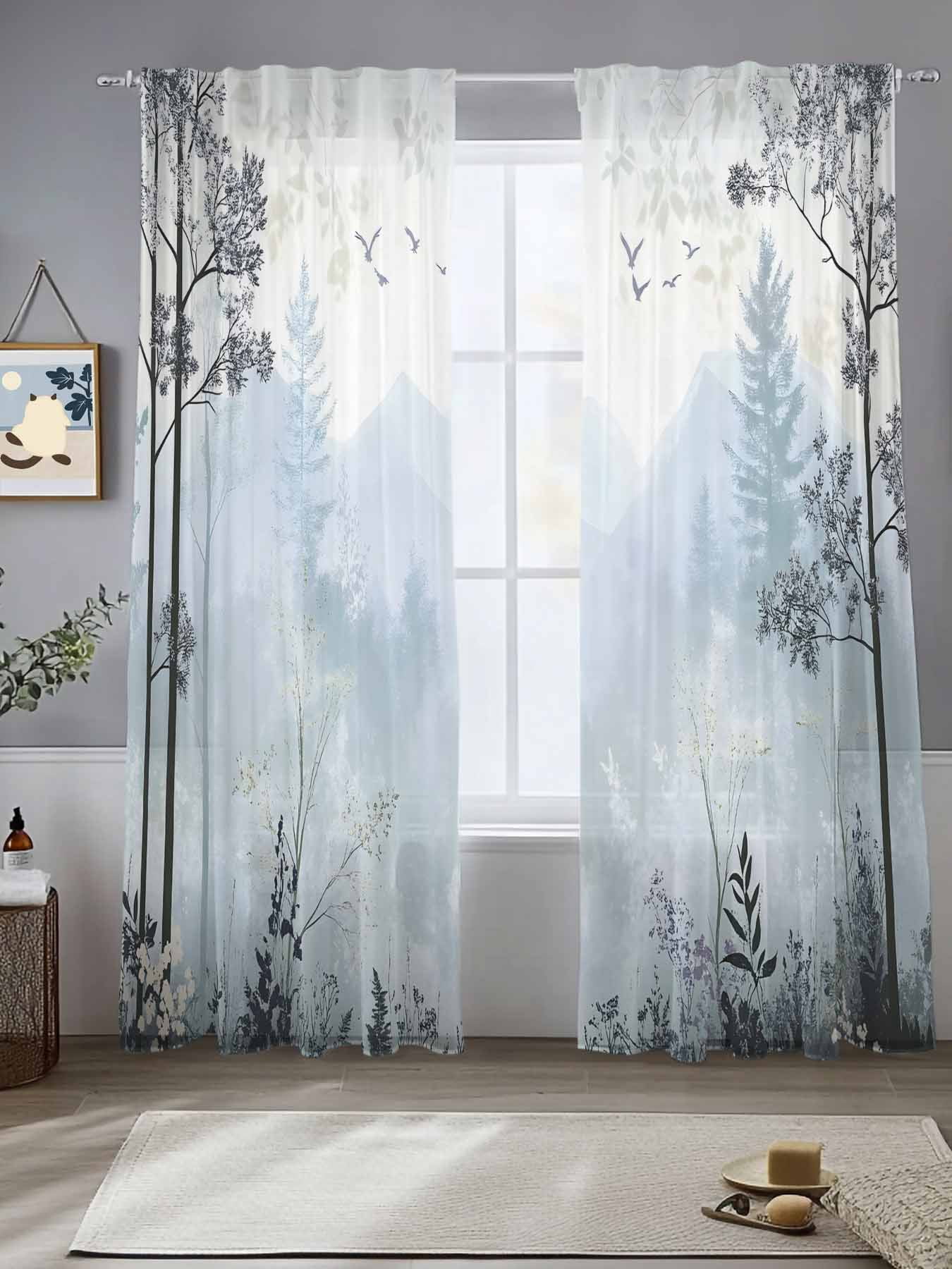 Foggy Forest Sheer Curtains for Living Room Bedroom Vintage Mountain ...