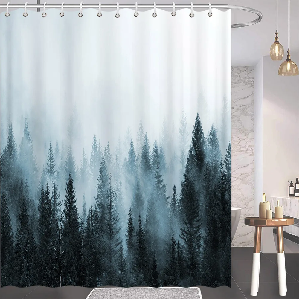 Foggy Forest Shower Curtain Misty Trees Mountain Cool Nature Scenery Landscape Fantasy Bird ...