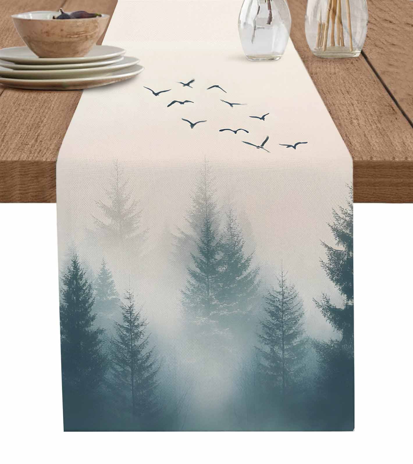 Foggy Forest Table Runner 36 Inches, Watercolor Pine Trees Natural ...