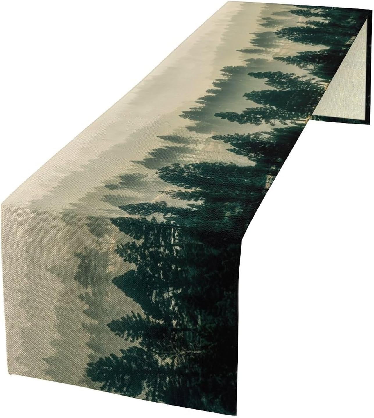 Foggy Forest Table Runner, Misty Green Forest Natural Landscape Pine ...