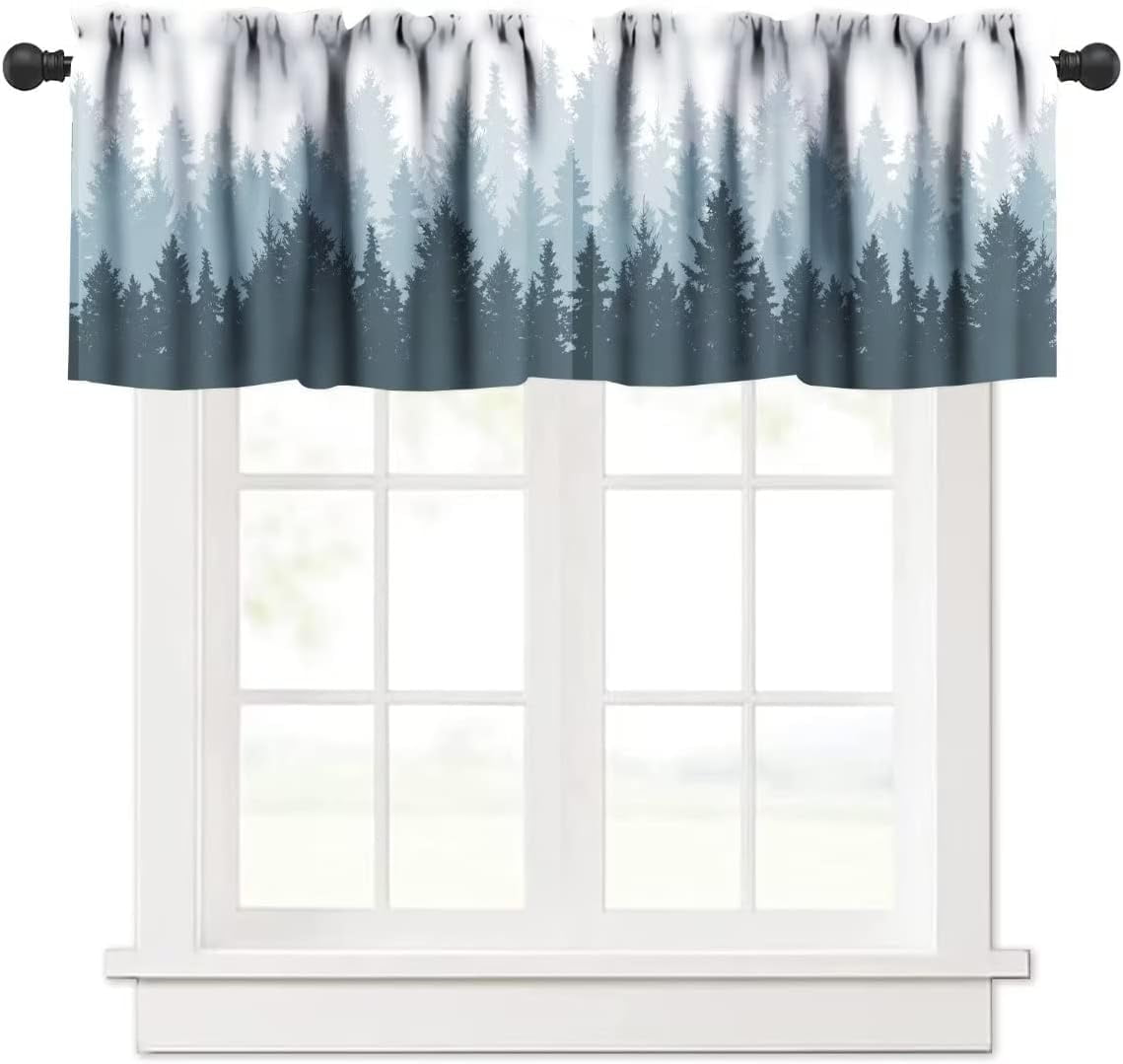 Foggy Forest Valance Curtain, Green Coniferous Tree Silhouette Mist ...