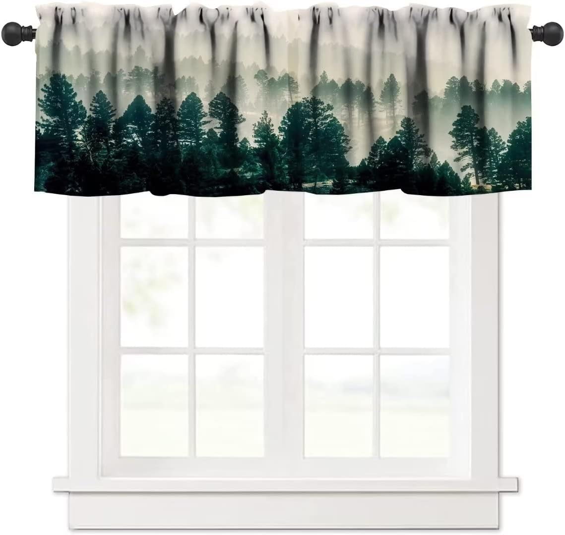 Foggy Forest Valance Curtain, Misty Green Forest Natural Landscape Pine ...