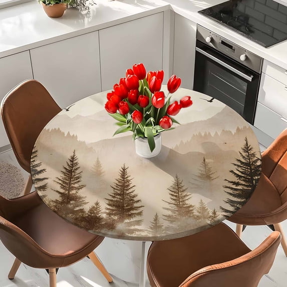 Foggy Mountain Forest Tree Bird Round Fitted Tablecloth with Elastic ...