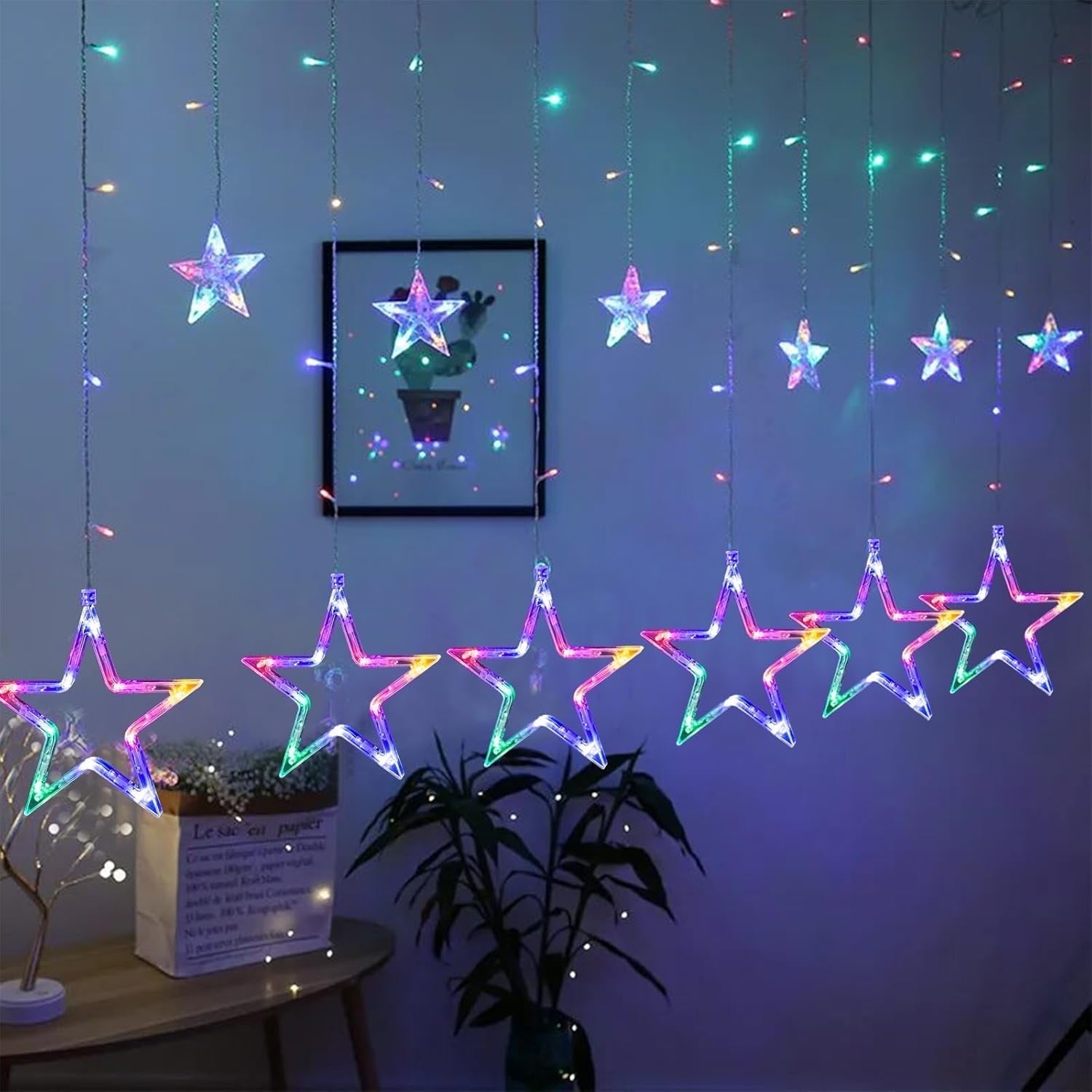 Fohil 13.5 FT Star Curtain Lights 126LEDs 12 Star String Light Battery ...