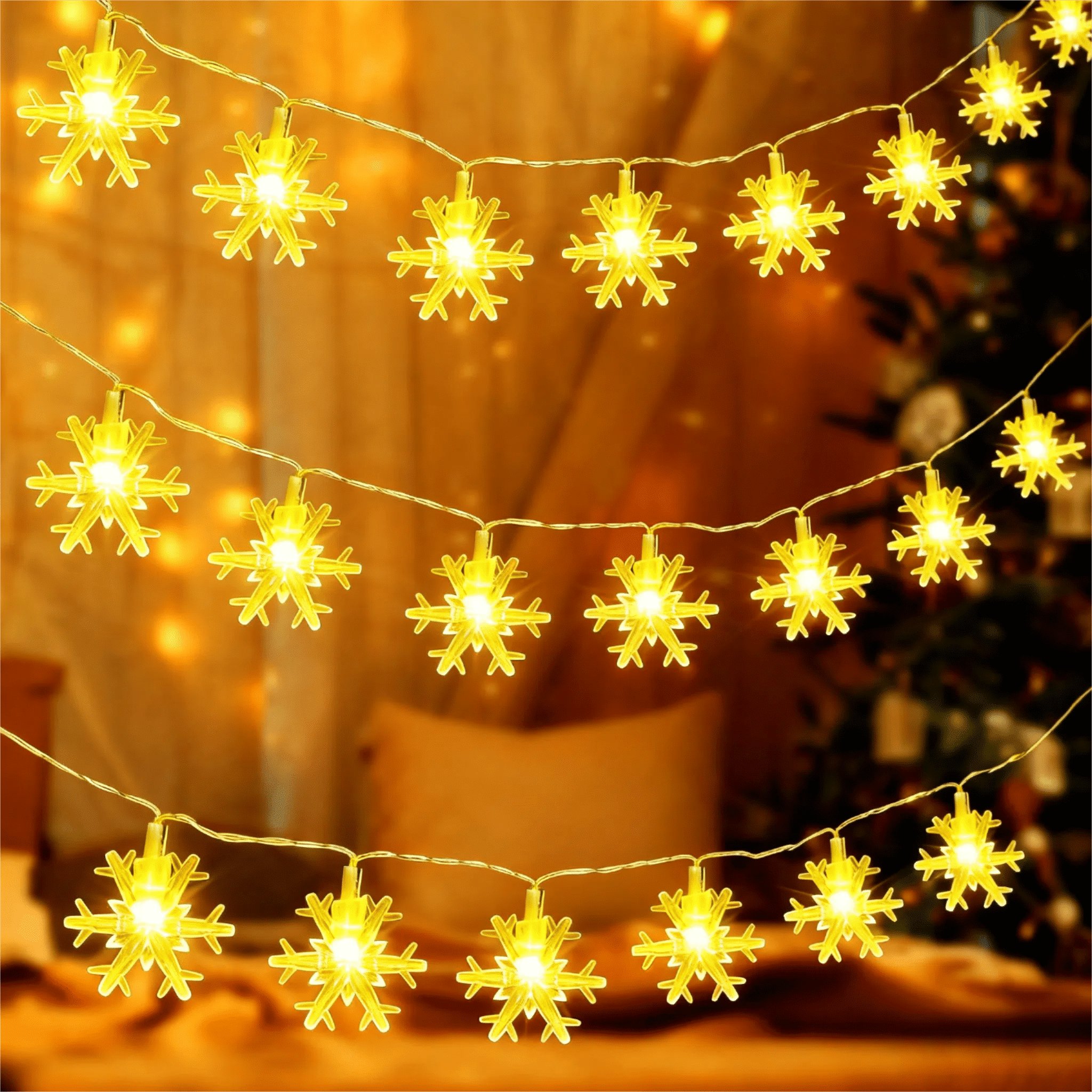 Fohil Christmas Lights 24.6ft 50 LED Snowflake String Lights Battery ...