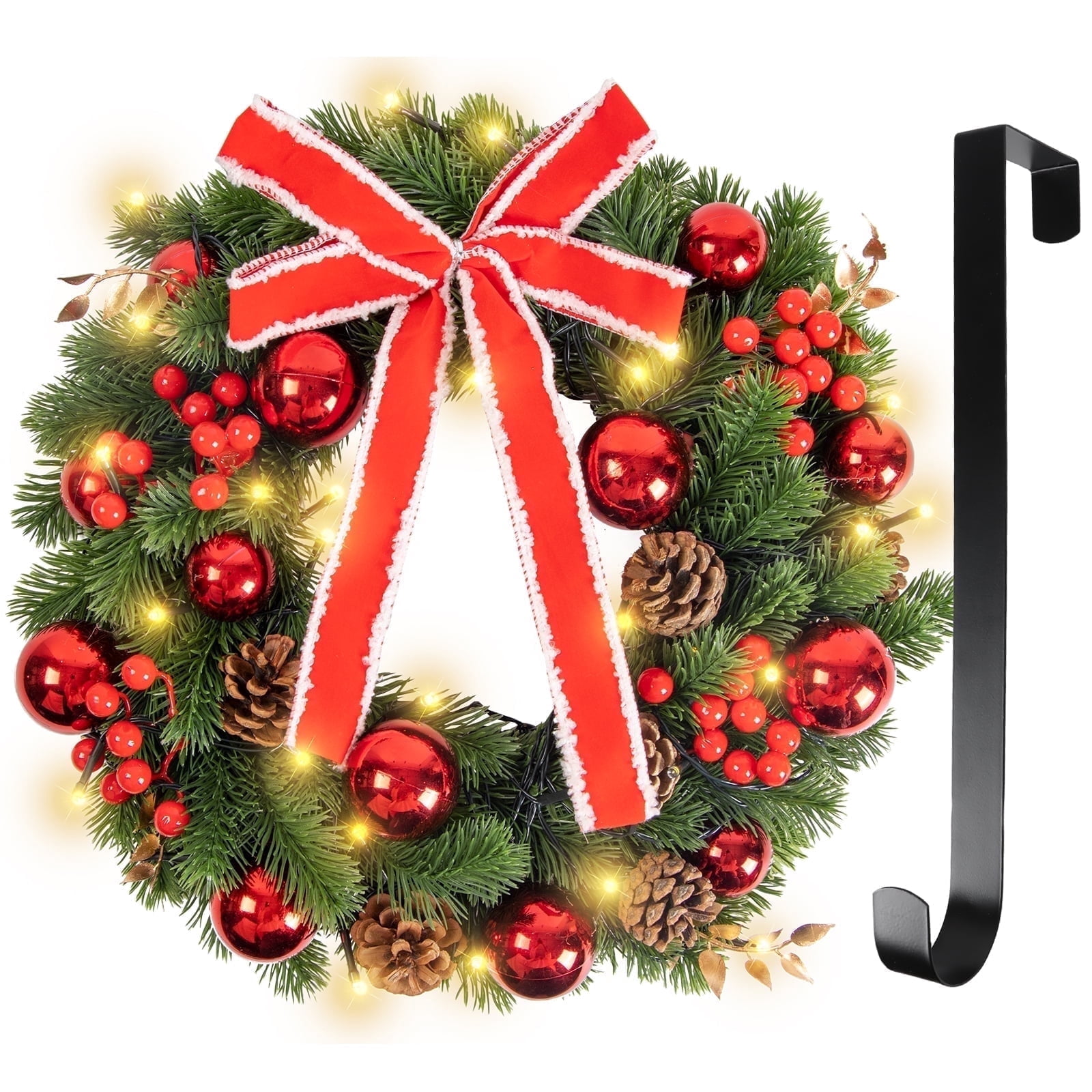 Fohil Christmas Wreaths, 16 Inch 30 LED Red Bow Christmas Wreath with ...