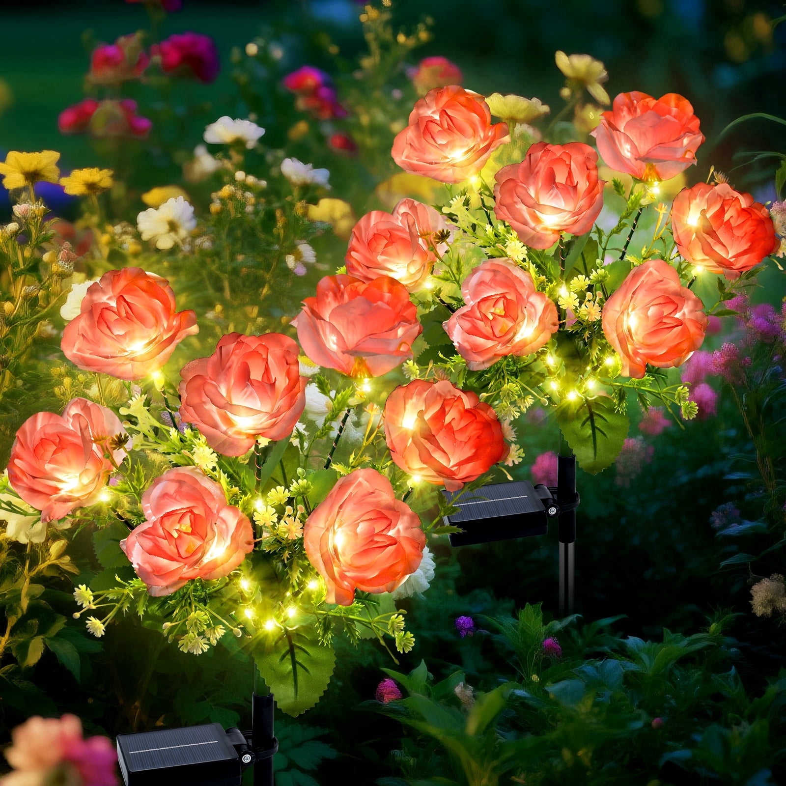 Fohil Solar Flower Lights Rose 7-Head LED Pink Outdoor 2 Pack - Walmart.com