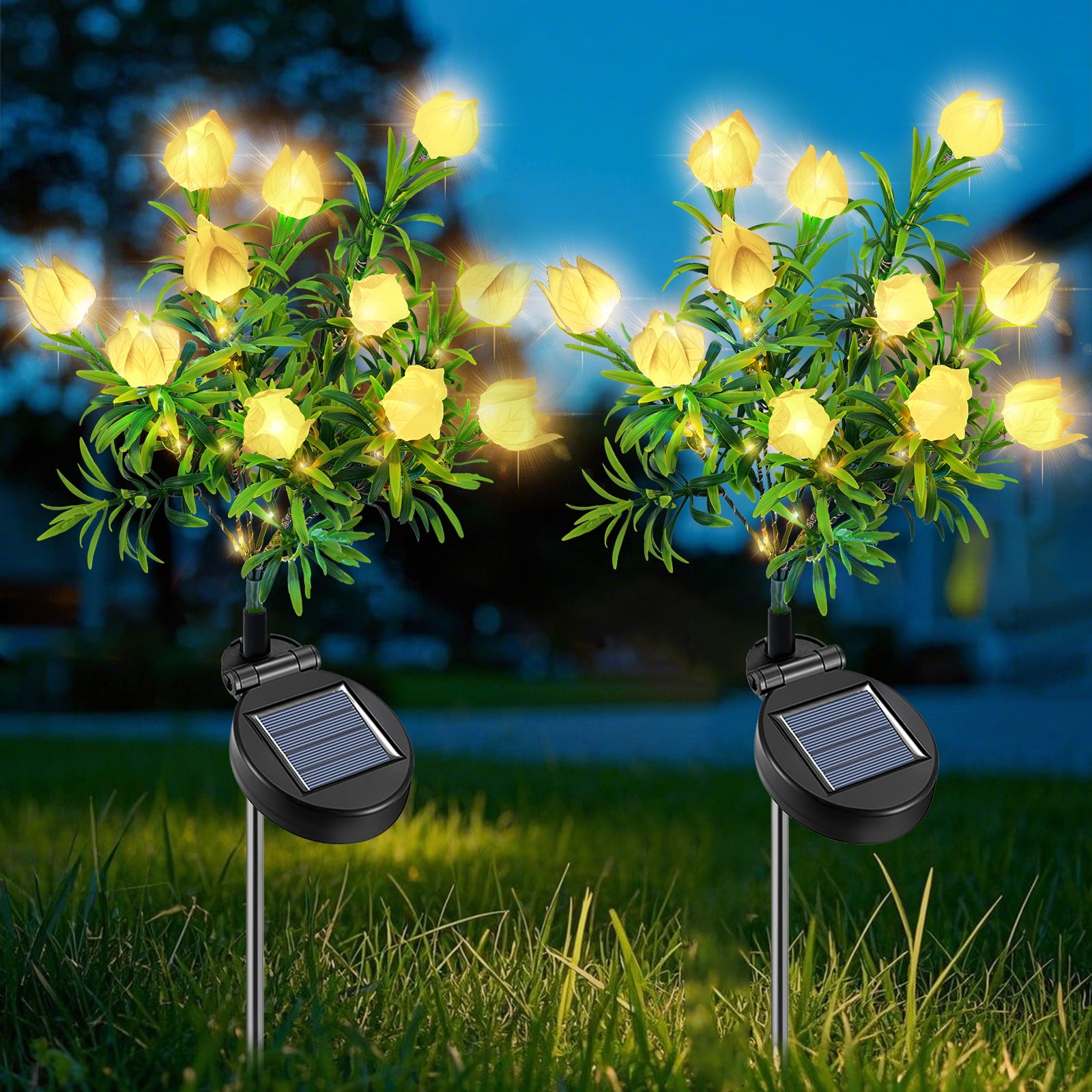 Fohil Solar Garden Lights, 2 Pack Flower Yard Decor with 11 Gardenia ...