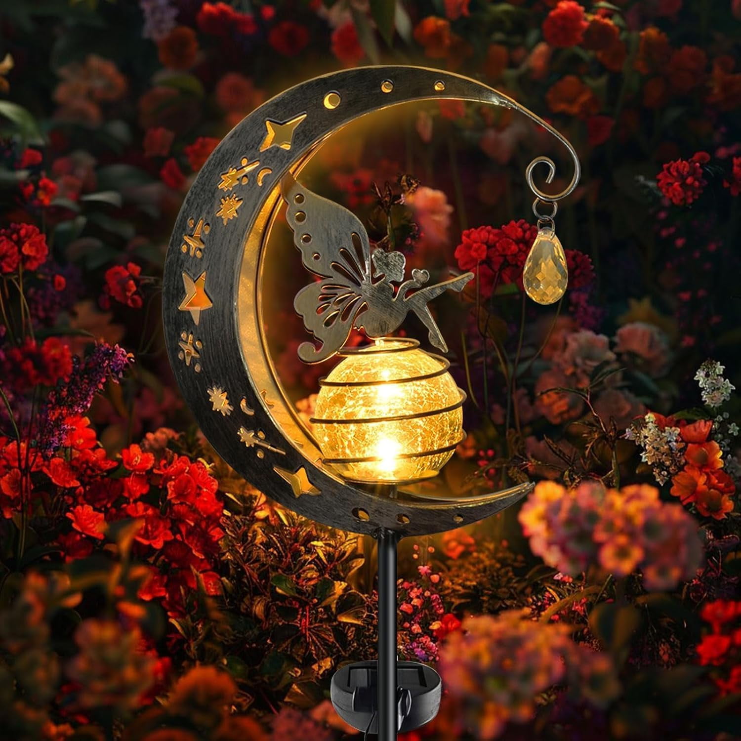 Fohil Solar Garden Lights, Metal Moon Fairy Glass Globe Solar Pathway ...