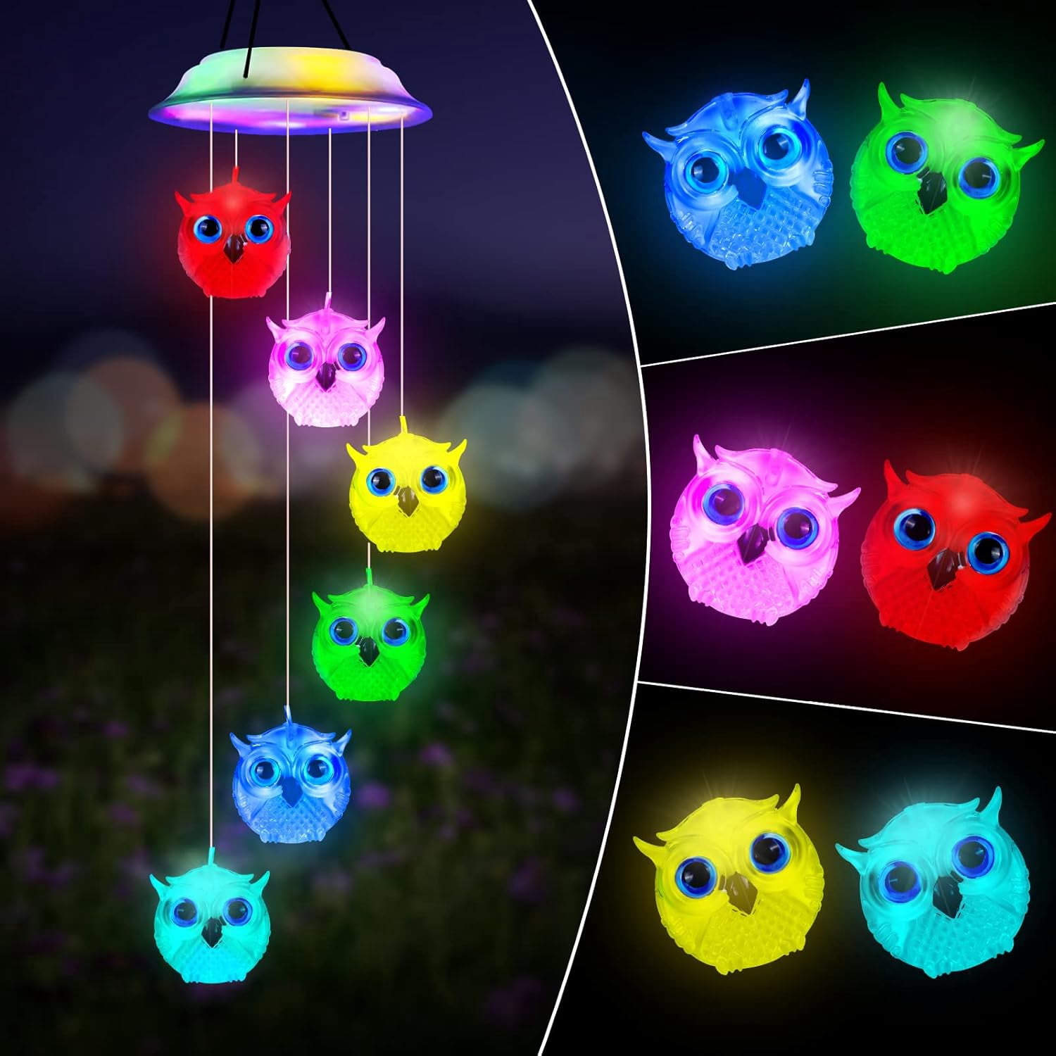 Fohil Solar Owl Wind Chimes, Color Changing Chimes for Outside, Solar ...