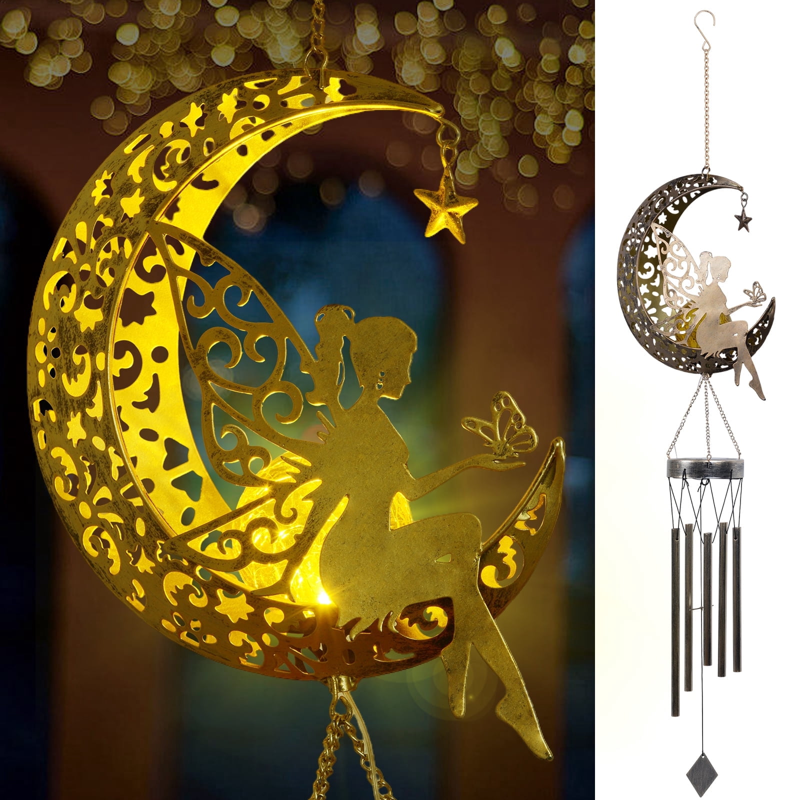 Fohil Solar Wind Chime Fairy Crackle Glass Ball Outdoor Decor ...