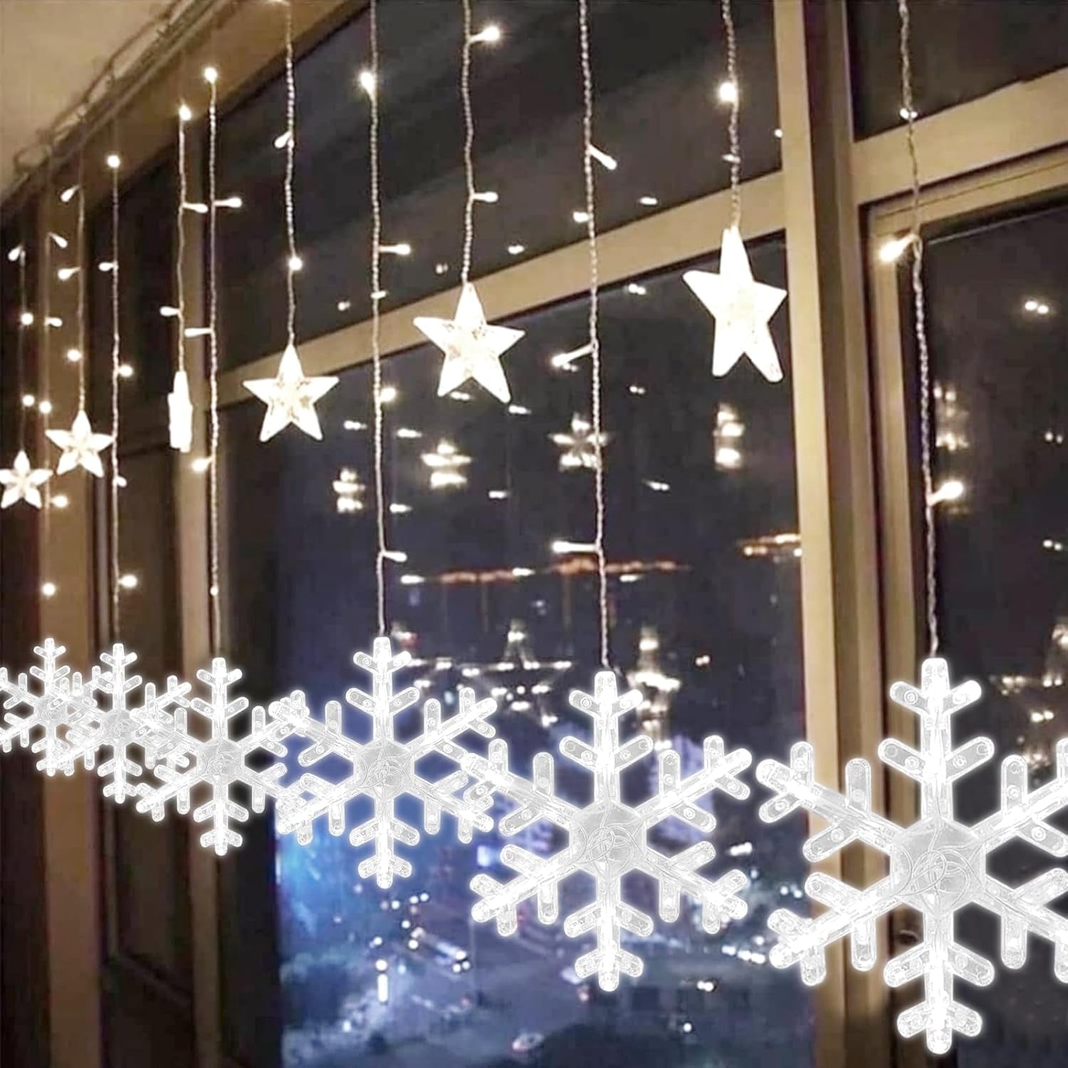Fohil Star Snowflake Curtain Lights,126 LEDs 6 Stars 6 Snowflake ...