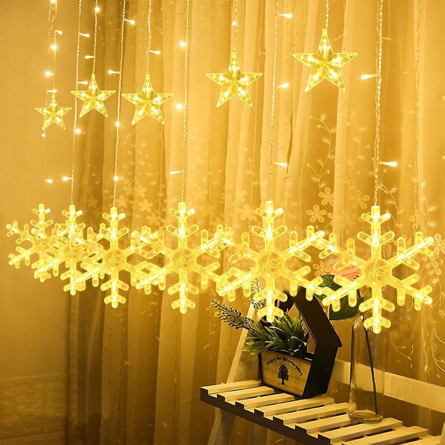 Fohil Star Snowflake Curtain Lights,126 LEDs 6 Stars 6 Snowflake ...