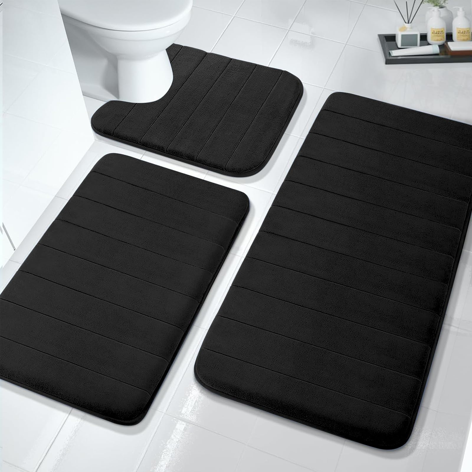 FOINWER 3-Piece Memory Foam Bath Mat Set, Thick, Absorbent, Non-Slip ...