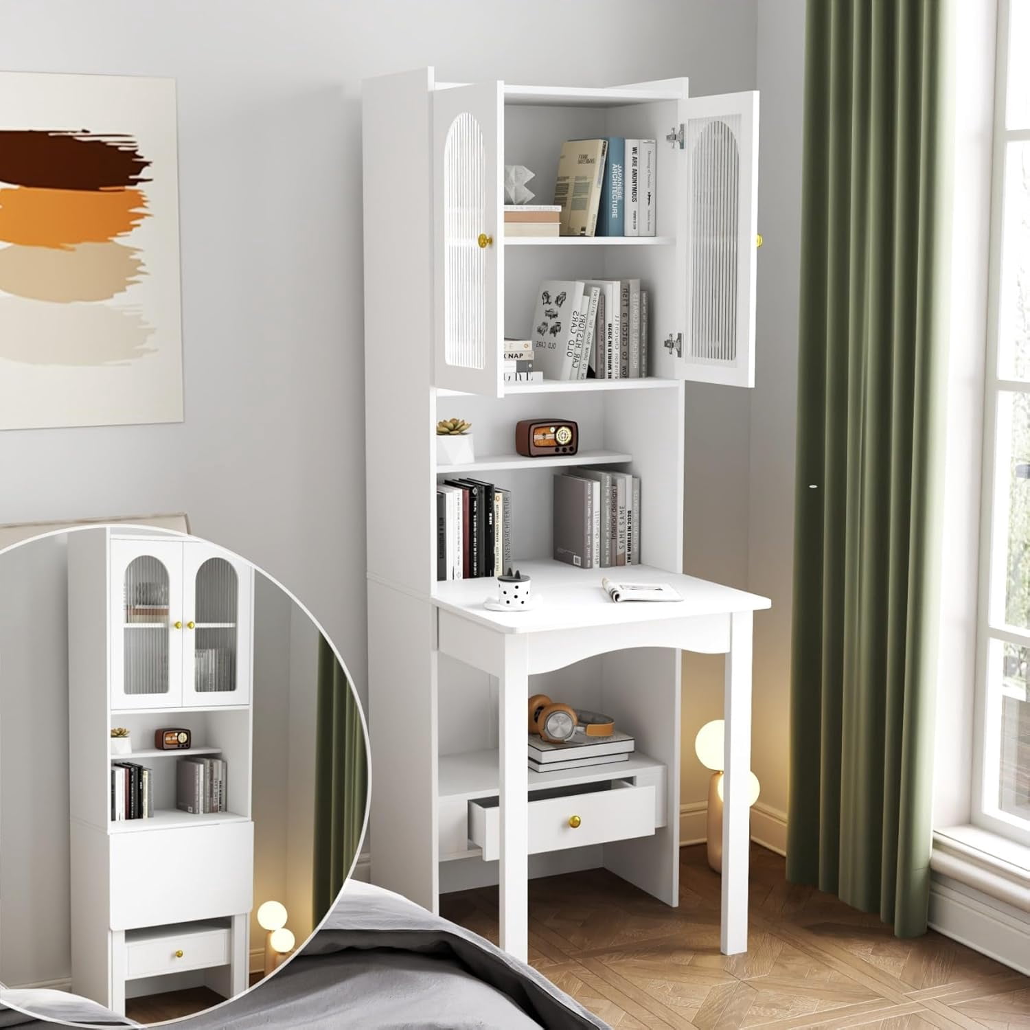 Fold-Out Home Office Desks Writing Table with Glass Doors Drawers ...