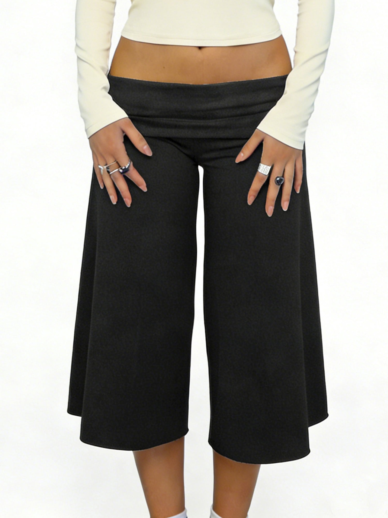 Fold Over Gaucho Pants for Women Foldover Solid Flowy Capri Pants Y2k ...