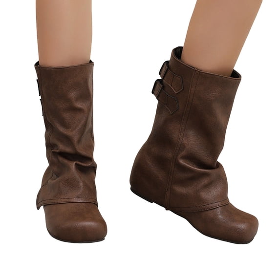 Fold Over Mid Calf Boots for Women Hidden Wedge Low Heel Slouchy ...