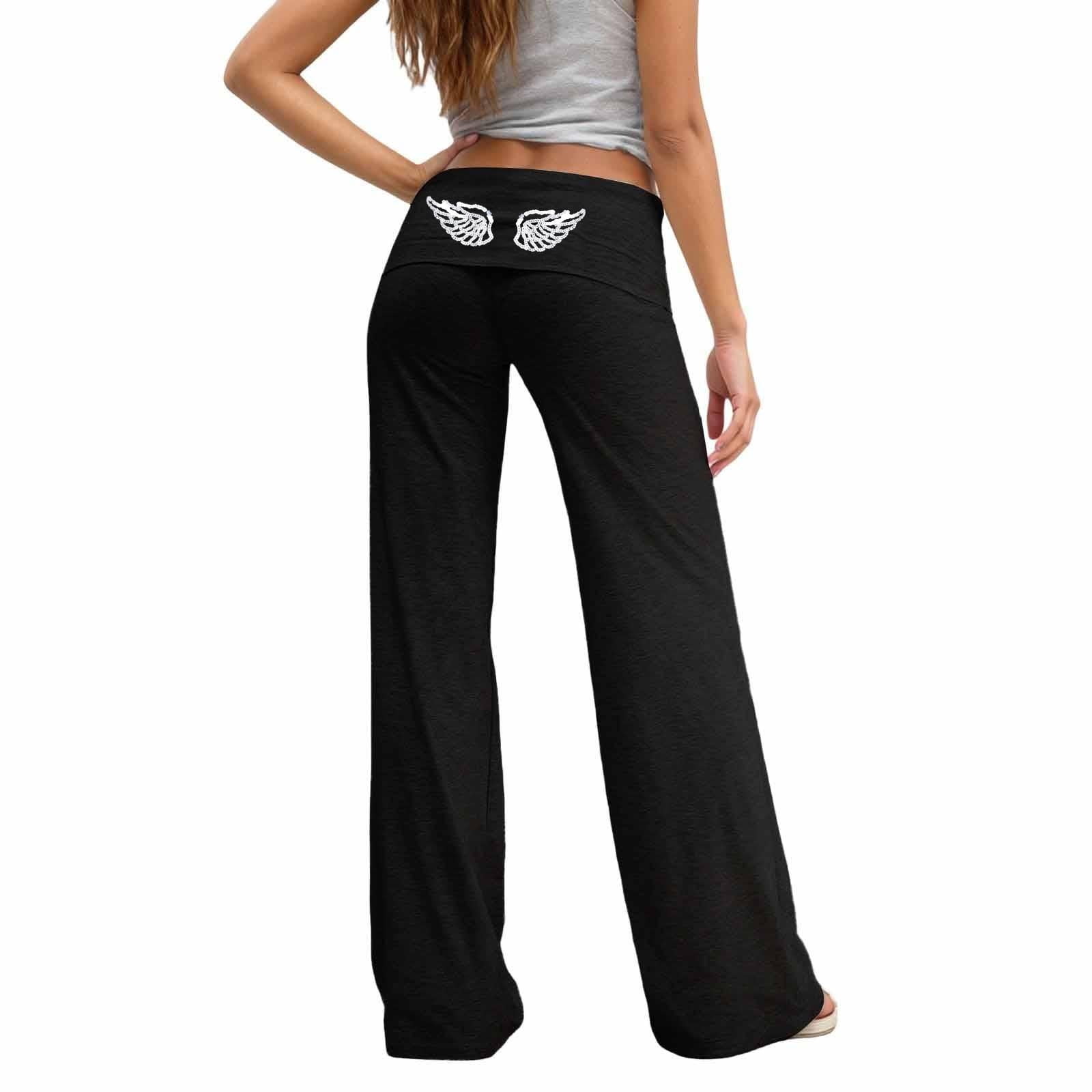 Fold Over Yoga Pants for Women Y2k Angle Wings Print Straight Leg ...