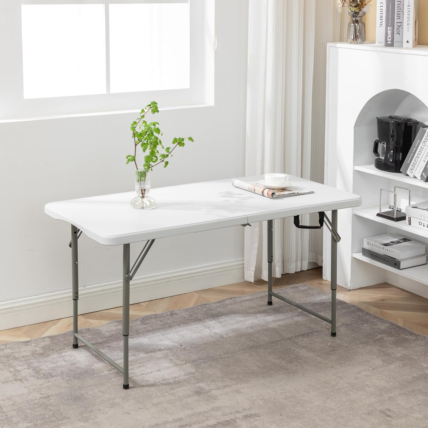 Fold-in-Half Plastic 4ft Folding Utility Table Lightweight Adjustable ...