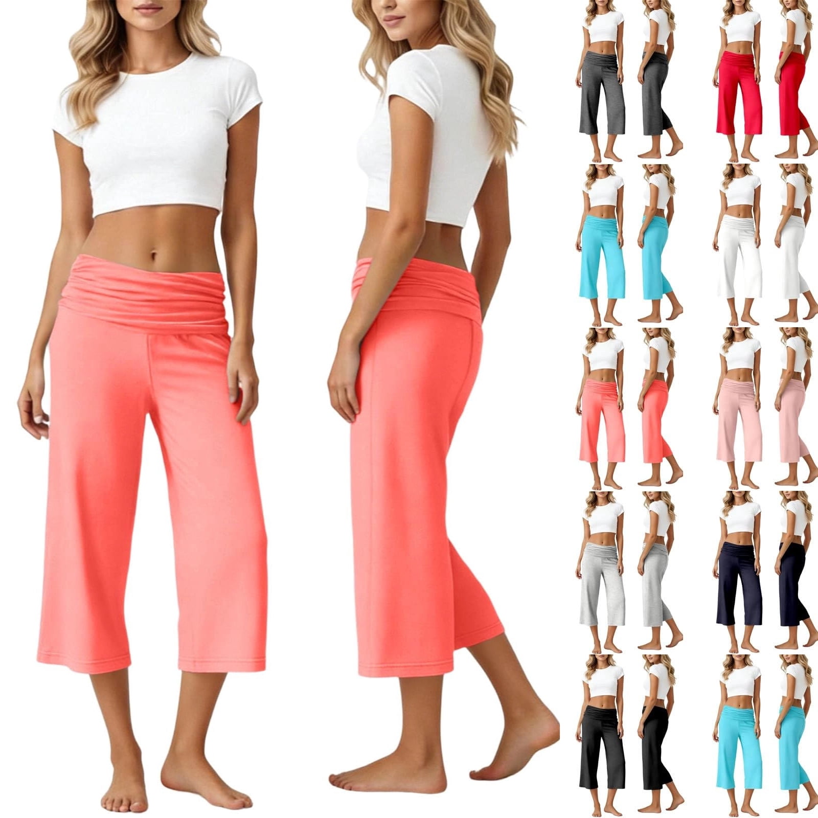 Fold over Gaucho Pants for Women Wide Leg Coral Capri Pants Elastic Low ...