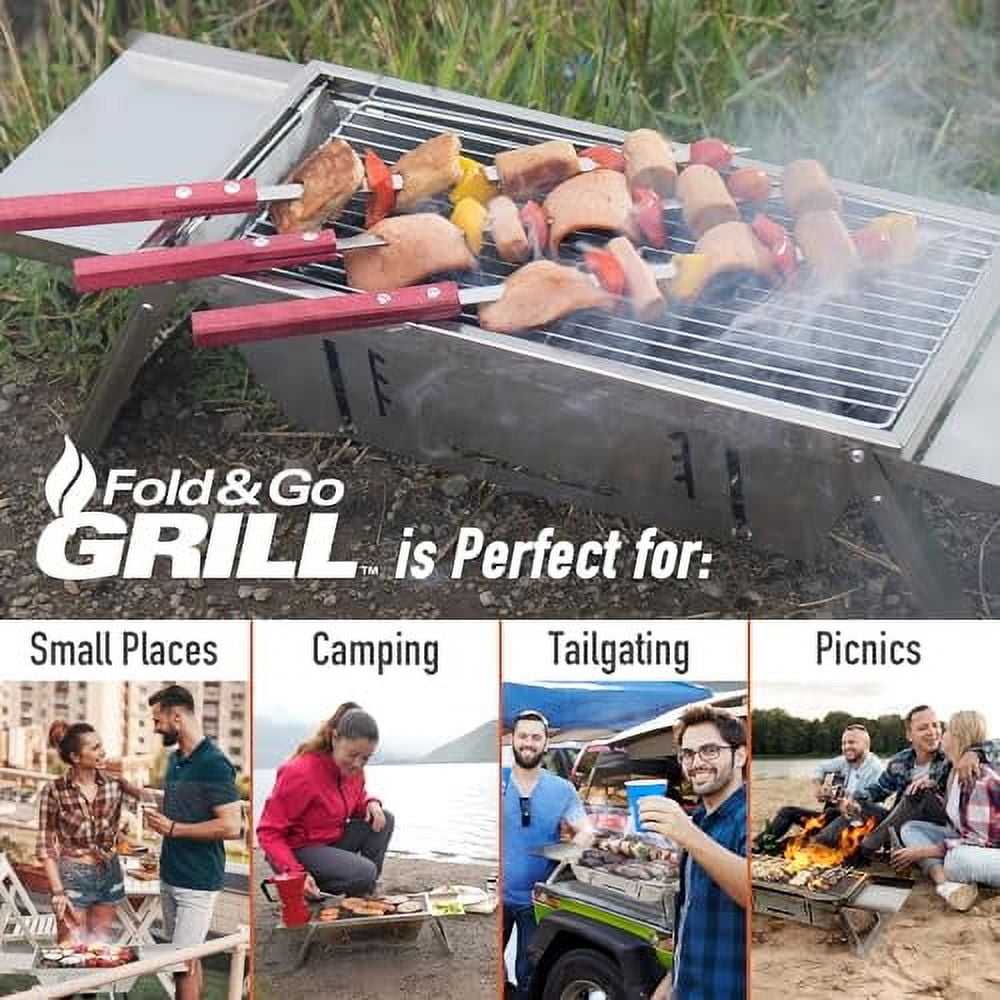 FoldNGo Portable Charcoal Grill with 6 Skewers - Stainless Steel ...