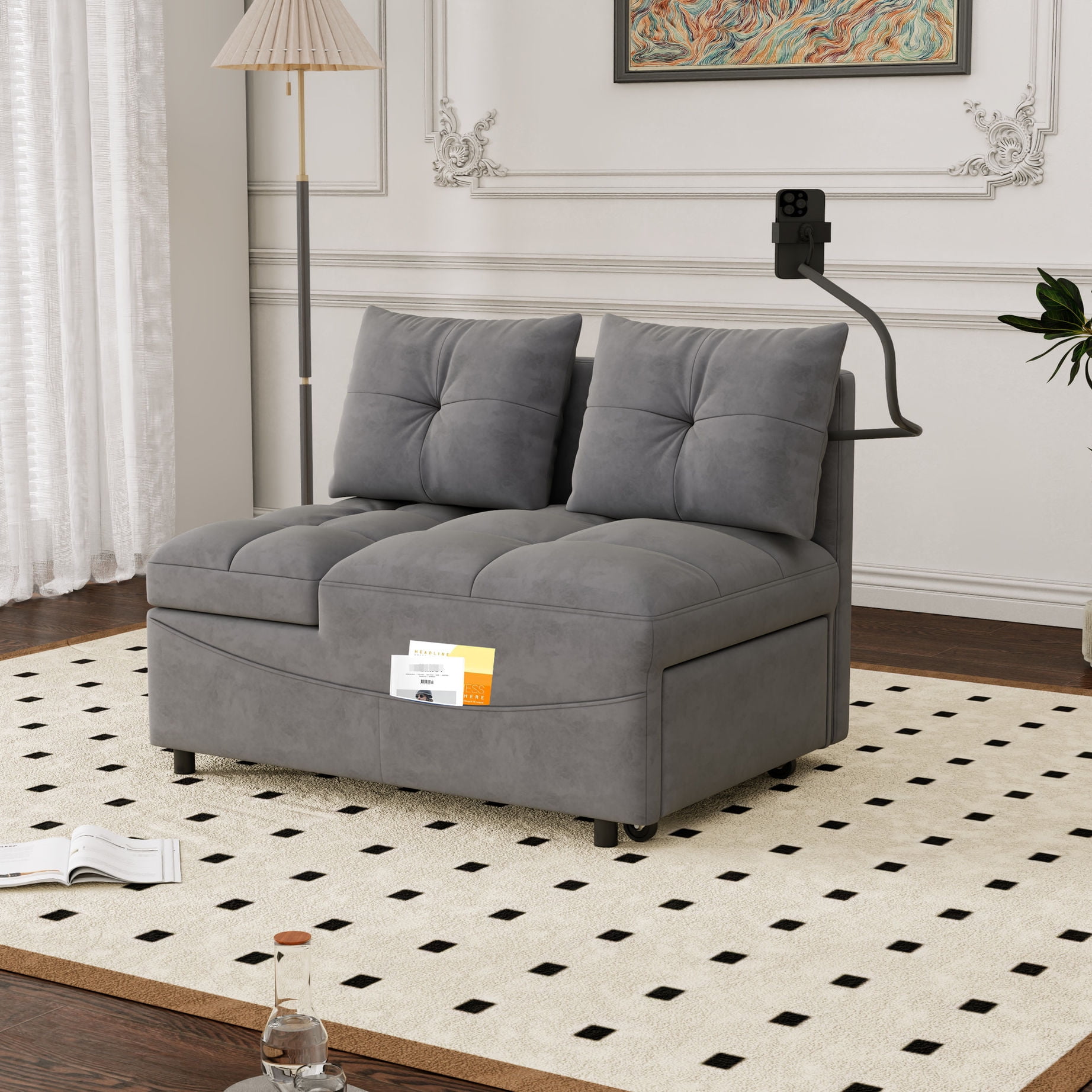 Foldable 1-seater Velvet Sofa Bed with USB Ports and Phone Stand ...
