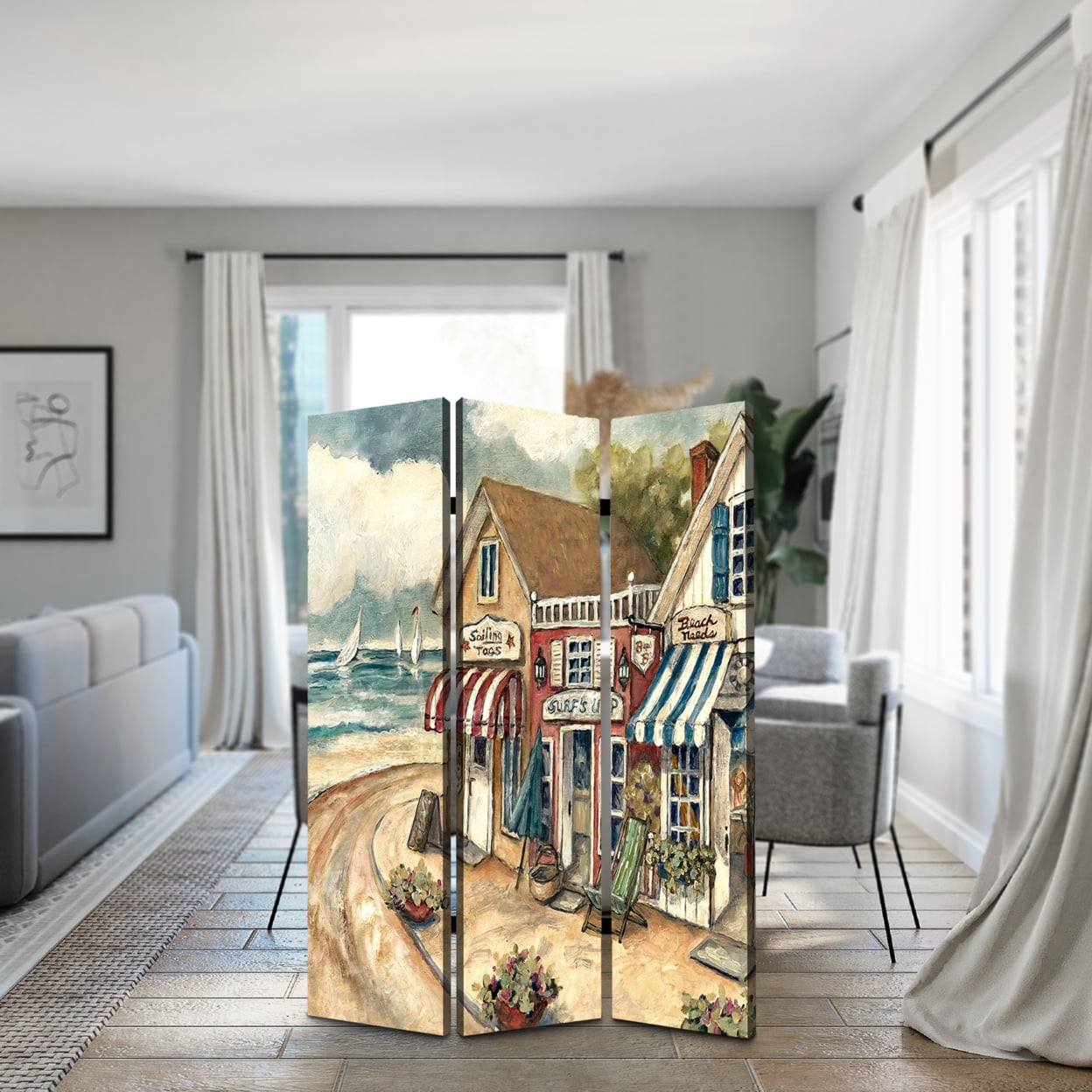 Foldable 3 Panel Canvas Screen with Seaside Town Print, Multicolor ...