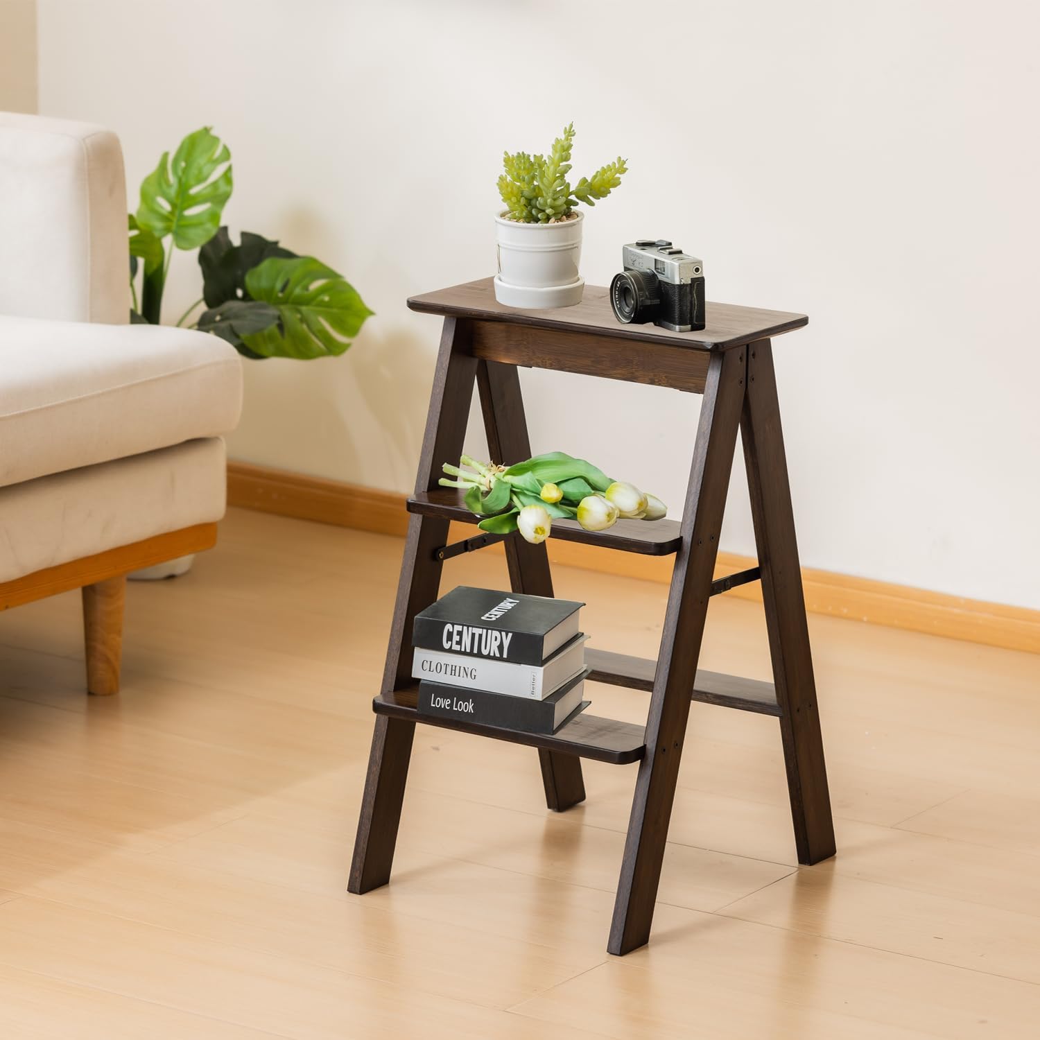 Foldable 3 Step Ladder, Bamboo Step Stool with Floor Saver, Decorative ...