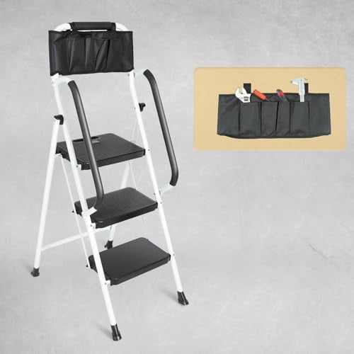 Foldable 3 Step Ladder with Handrails & Detachable Tool Bag ...