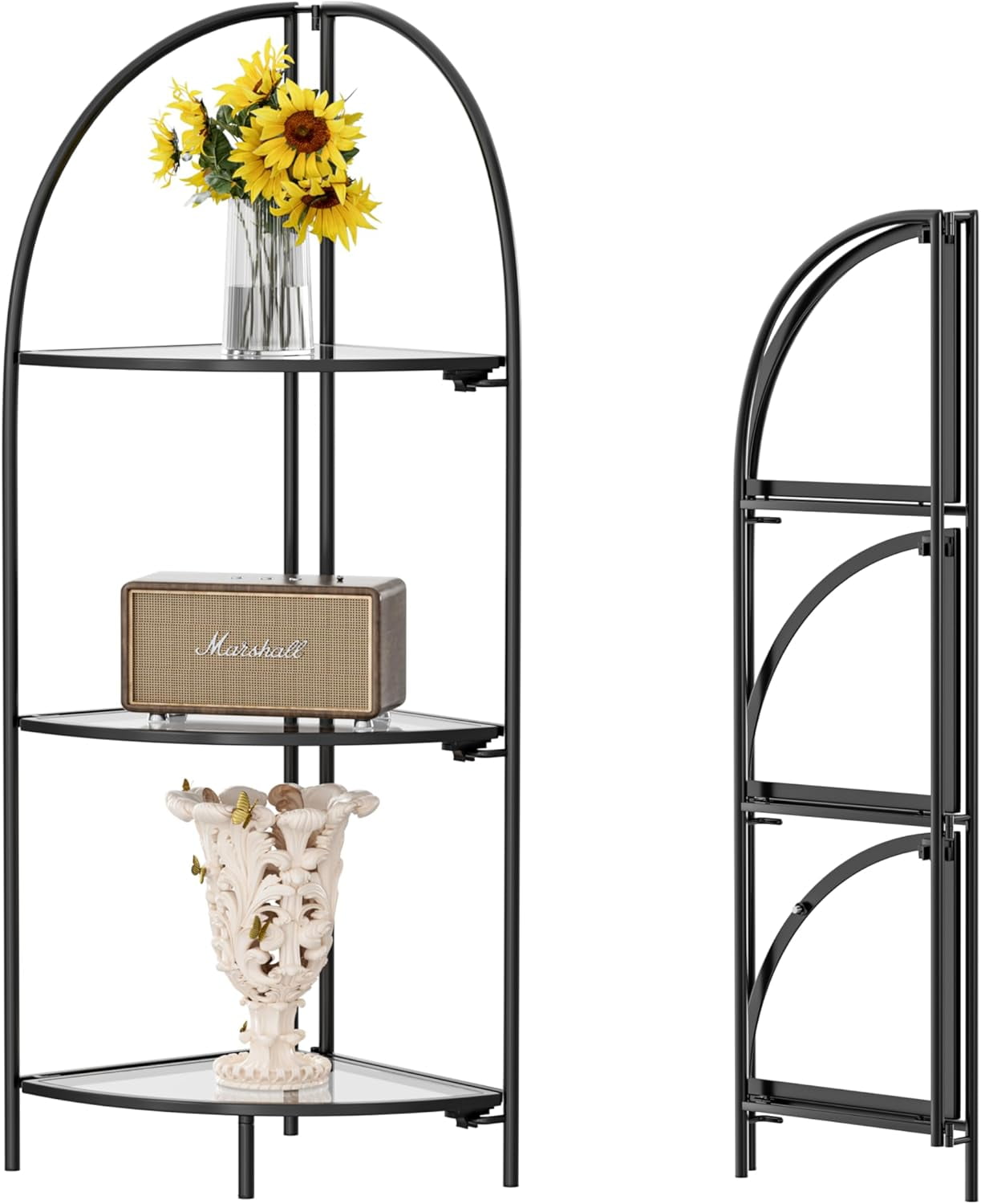 Foldable 3 Tier Corner Shelf, Metal Corner Plant Stand with Black Frame ...