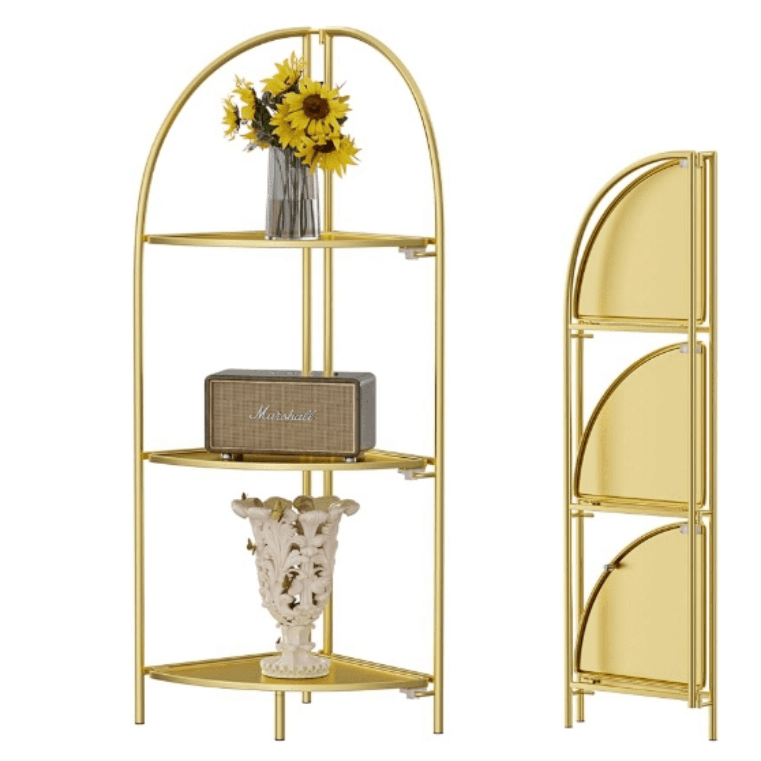 Foldable 3 Tier Corner Shelf, Metal Corner Plant Stand with Gold Frame ...