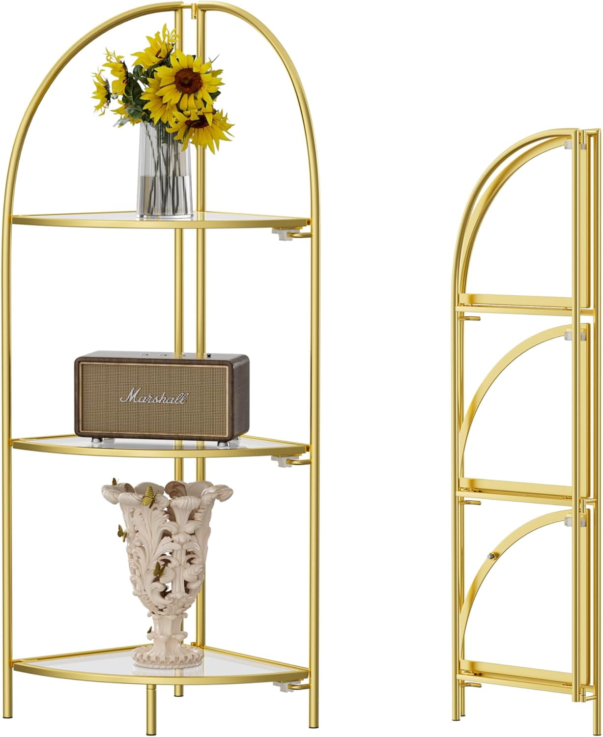 Foldable 3 Tier Corner Shelf, Metal Corner Plant Stand with Gold Frame ...