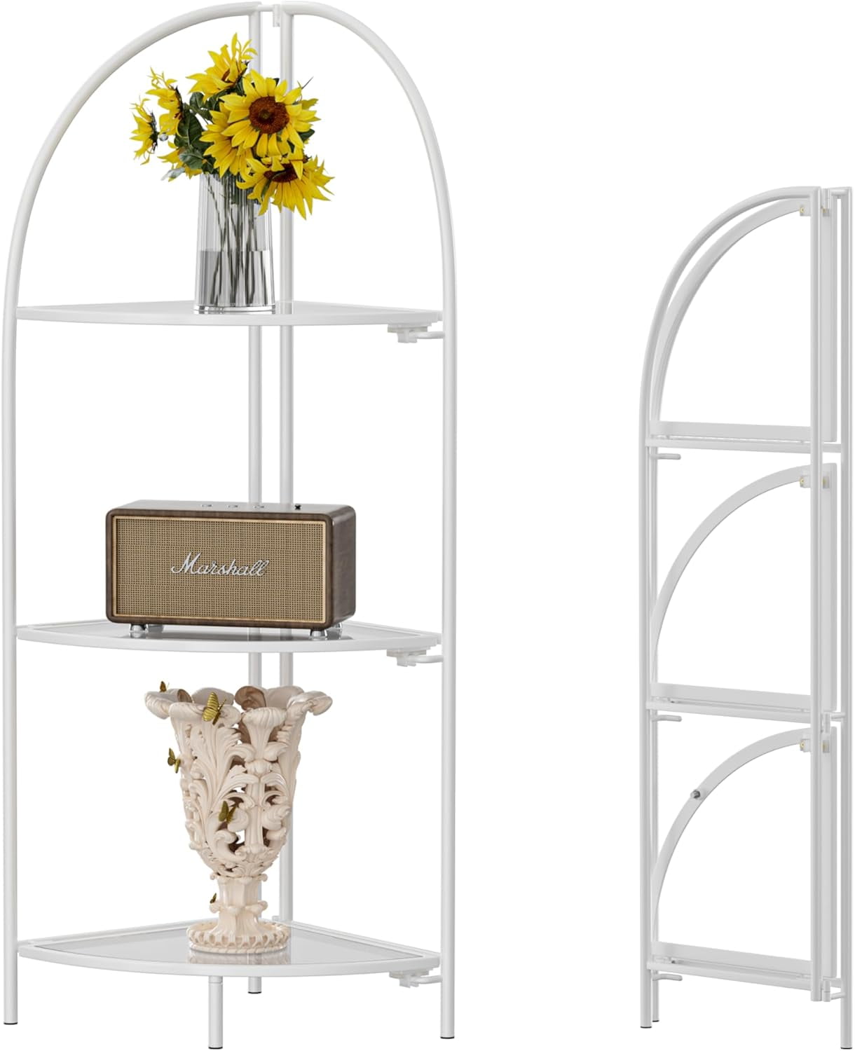 Foldable 3 Tier Corner Shelf, Metal Corner Plant Stand with White Frame ...