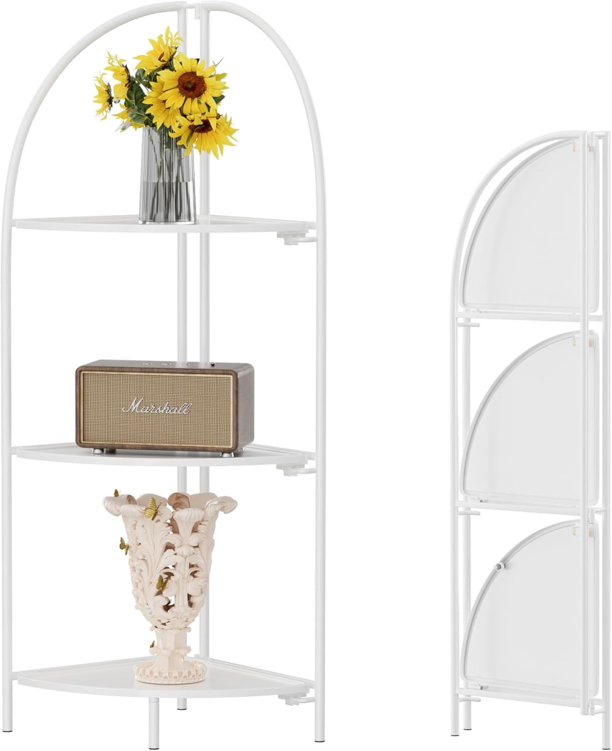 Foldable 3 Tier Corner Shelf, Metal Corner Plant Stand with White Frame ...