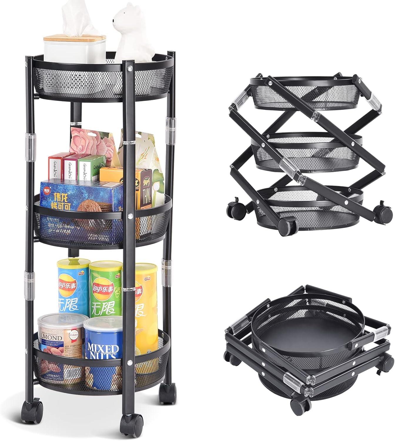 Foldable 3-Tier Metal Storage Cart with Wheels, Assembly-Free Rolling ...