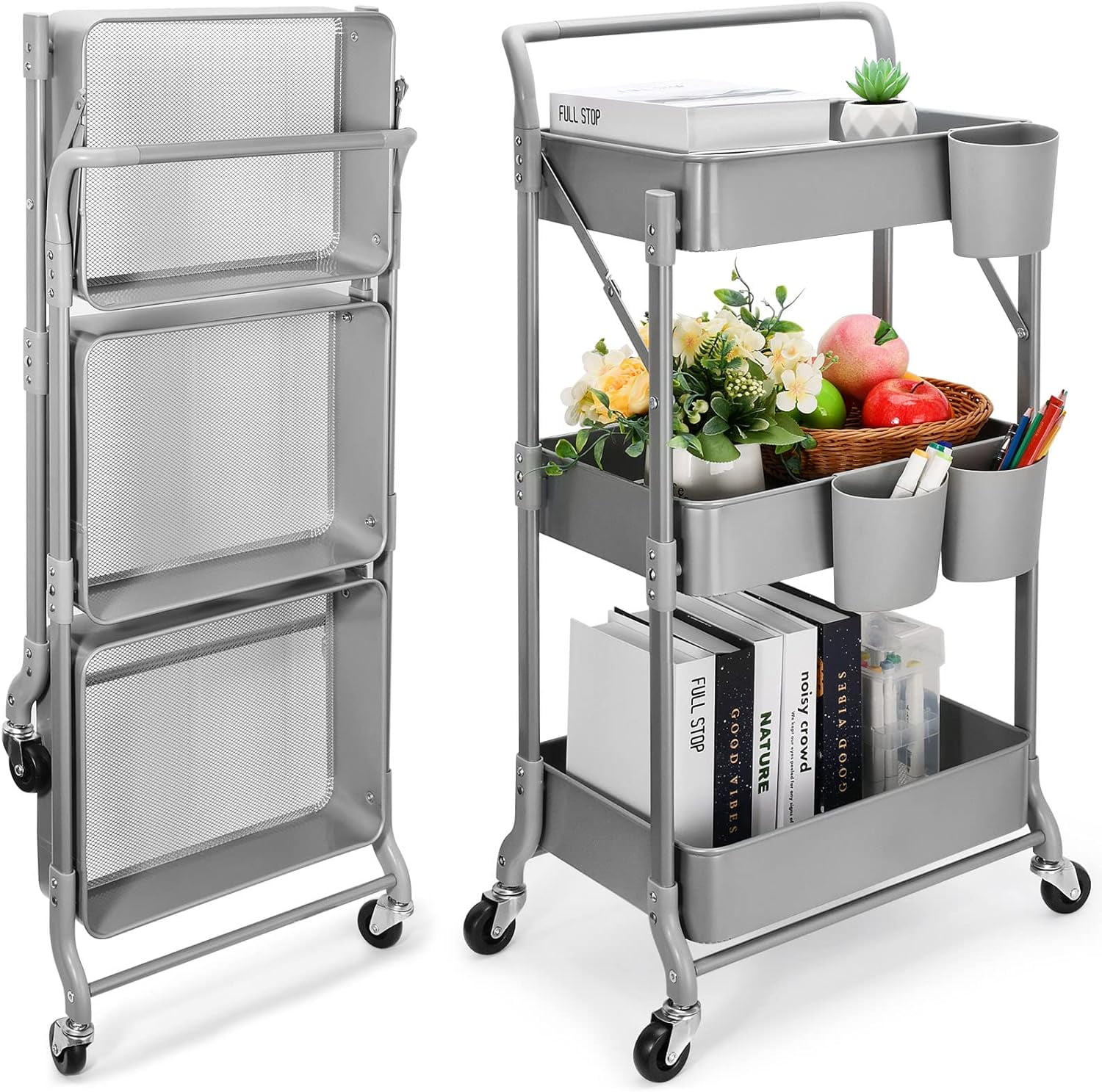 Foldable 3 Tier Metal Utility Rolling Cart, Folding Mobile Multi ...