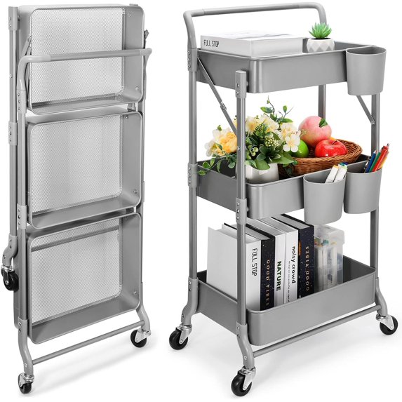 Foldable 3 Tier Metal Utility Rolling Cart, Folding Mobile Multi ...