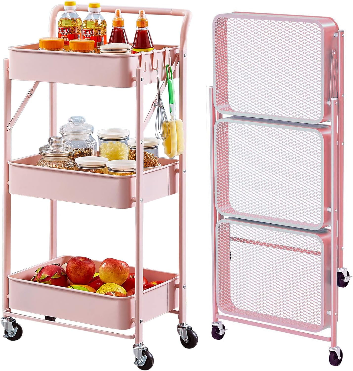Foldable 3-Tier Rolling Storage Cart, No Assembly Metal Utility ...