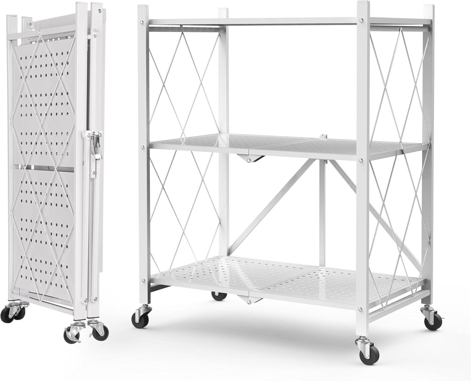 Foldable 3-Tier Storage Shelves with Wheels, Folding Bookshelf No ...