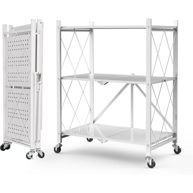 Foldable 3-Tier Storage Shelves with Wheels, Folding Bookshelf No ...