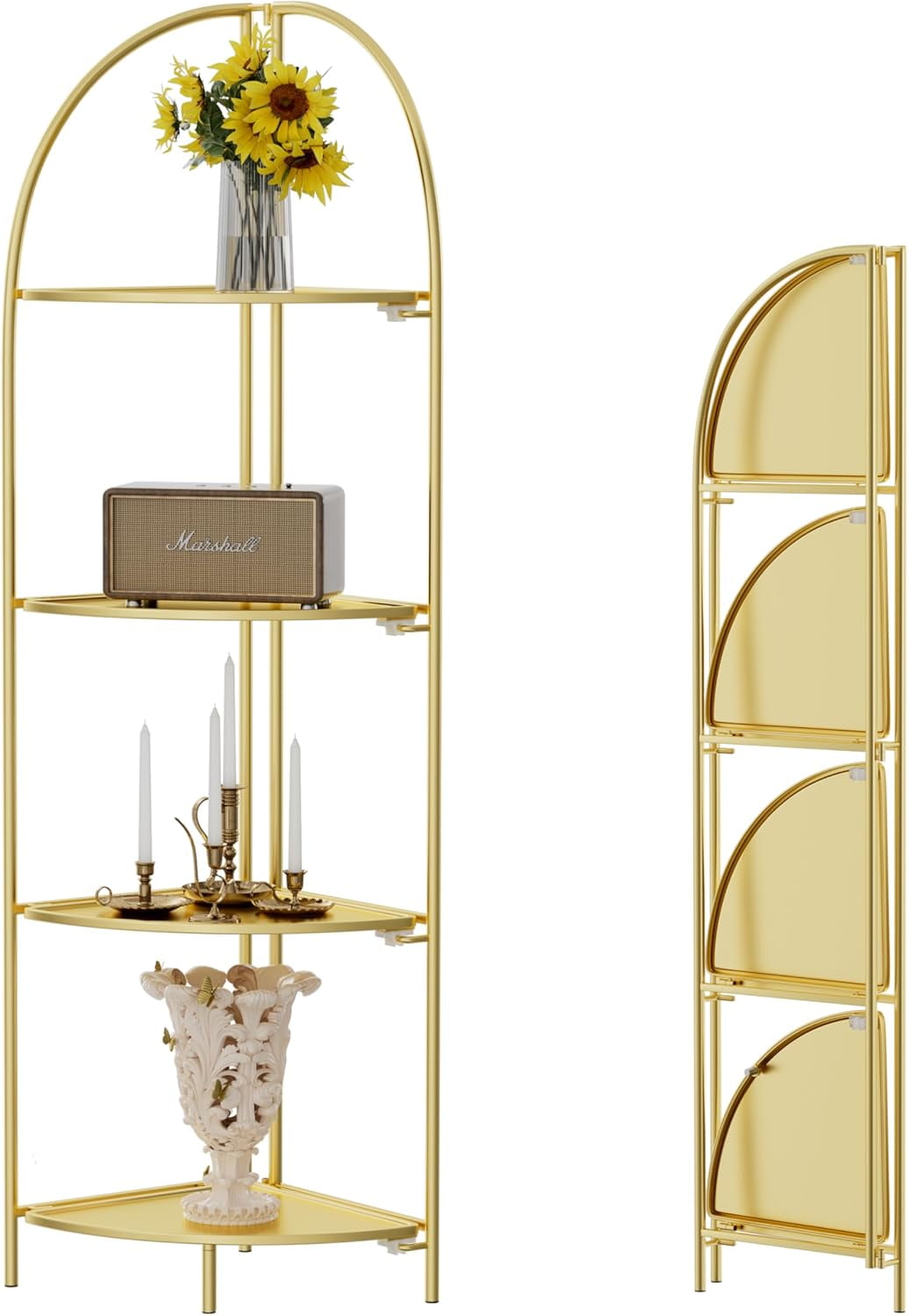 Foldable 4 Tier Corner Shelf, Metal Corner Plant Stand with Gold Frame ...