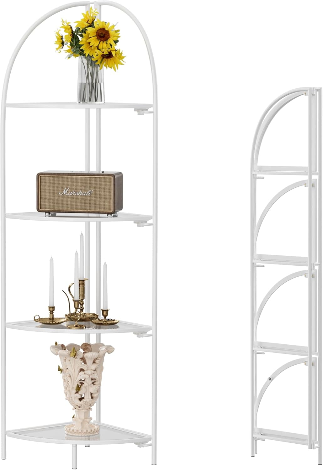 Foldable 4 Tier Corner Shelf, Metal Corner Plant Stand with White Frame ...