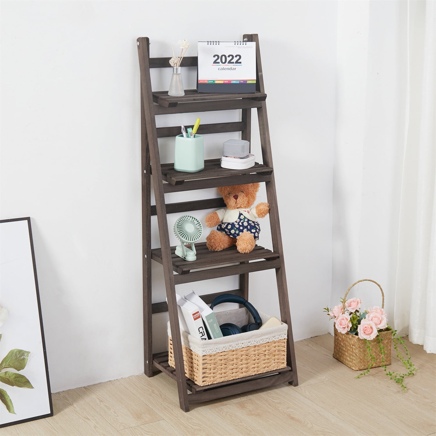 Foldable 4-Tier Ladder Bookcase Storage Rack Bookshelf Plant Stand ...