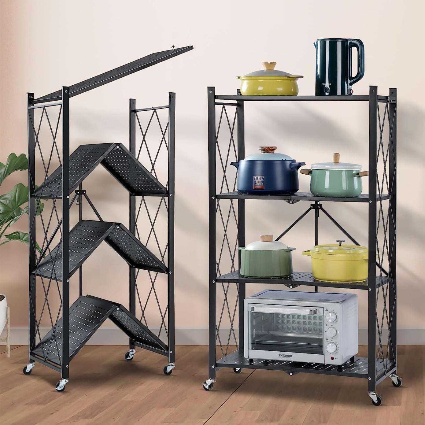 Foldable 4-Tier Storage Metal Shelving with Lockable Wheels, Space ...