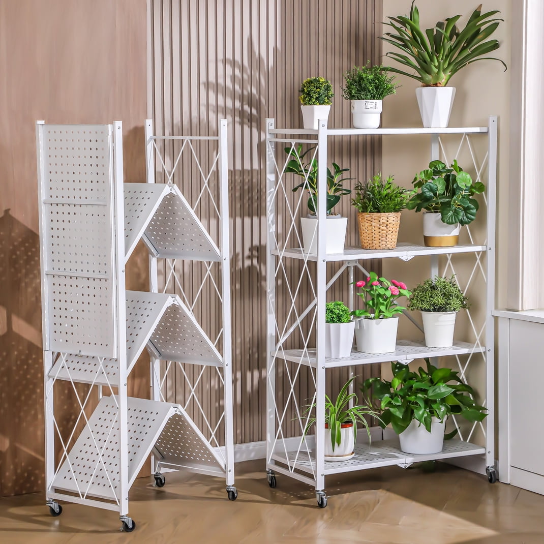 Foldable 4-Tier Storage Metal Shelving with Lockable Wheels, Space ...