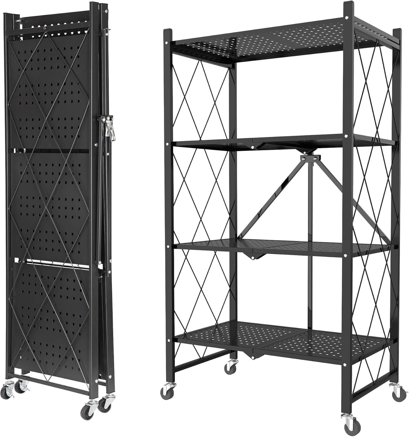 Foldable 4-Tier Storage Shelves with Wheels, No Assembly Bookshelf ...