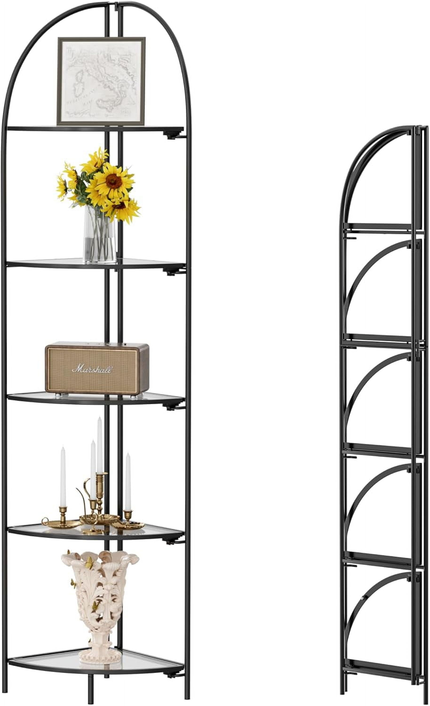 Foldable 5 Tier Corner Shelf, Corner Plant Stand with Black Metal Frame ...