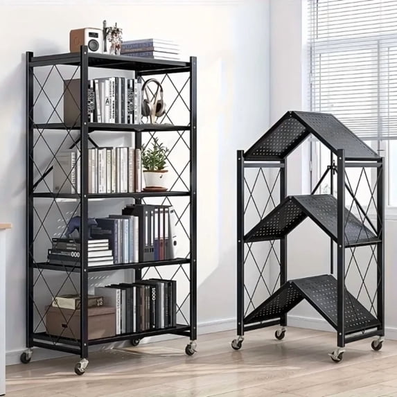 Foldable 5-Tier Heavy Duty Storage Rack with Wheels,Rolling Utility ...