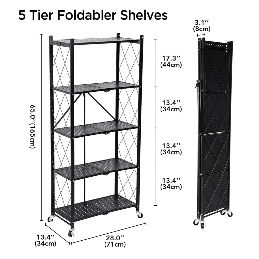Foldable 5-Tier Storage Metal Shelving with Lockable Wheels, Space ...