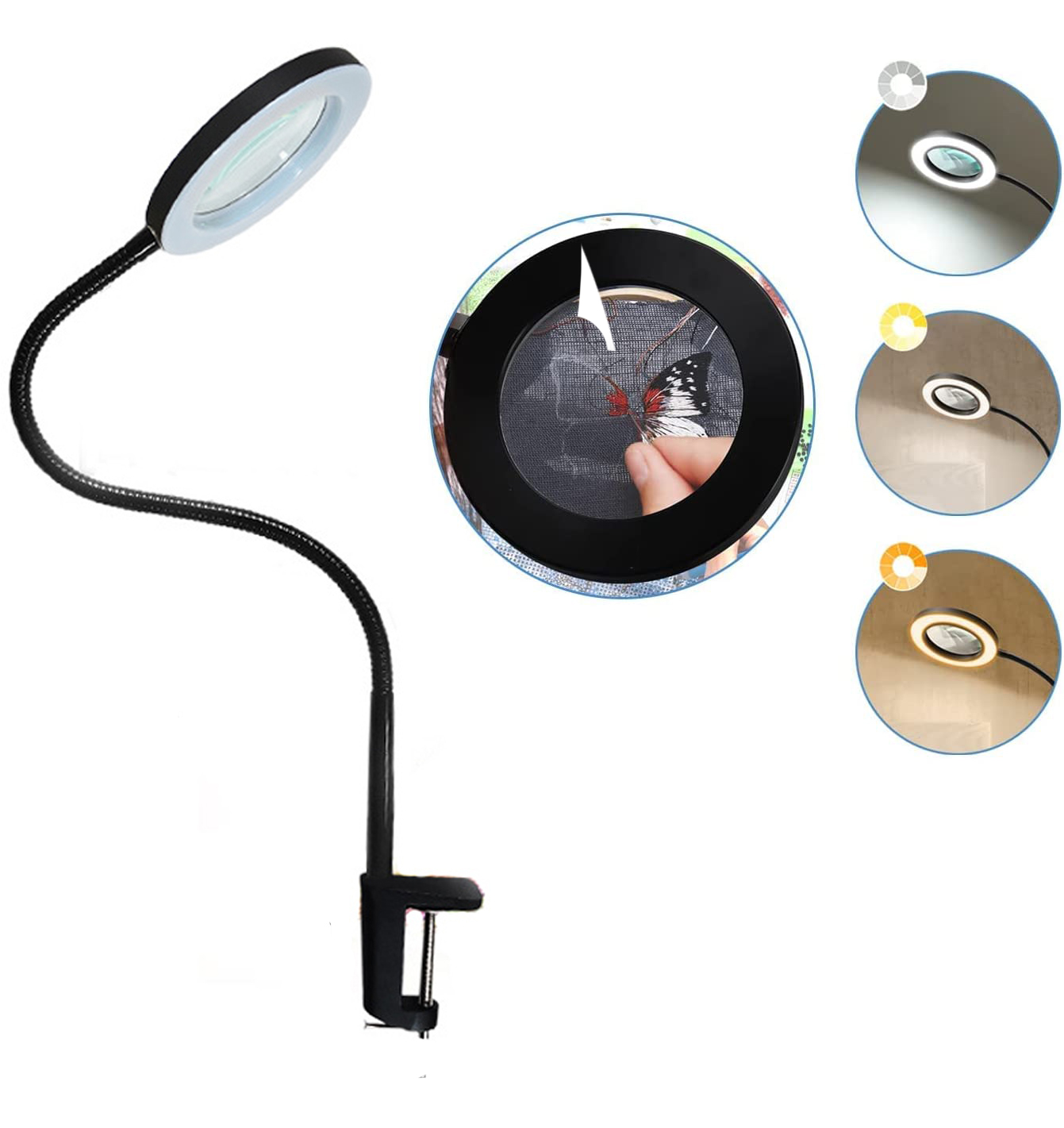 Foldable 5X Magnifying Glass Desk Lamp LED Lights Reading 3 Color Modes ...